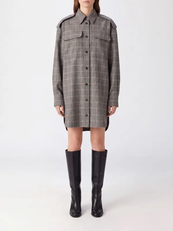 Stella McCartney Check Wool Mini Shirt Dress With Dropped Shoulders And Patch Pockets