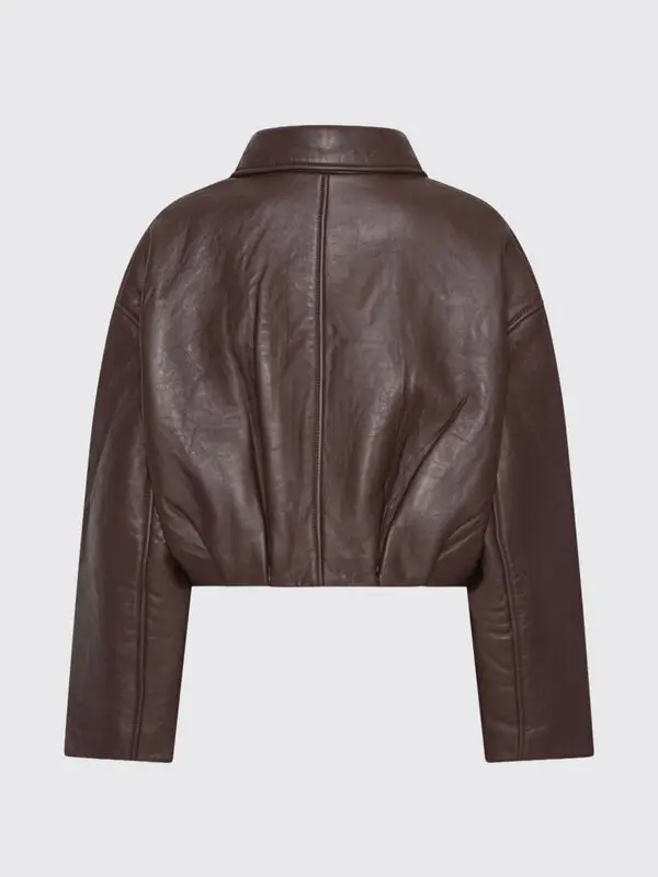 ROTATE BY BIRGER CHRISTENSEN Relaxed Fit Cropped Lambskin Leather Jacket With Zip Closure - Brown