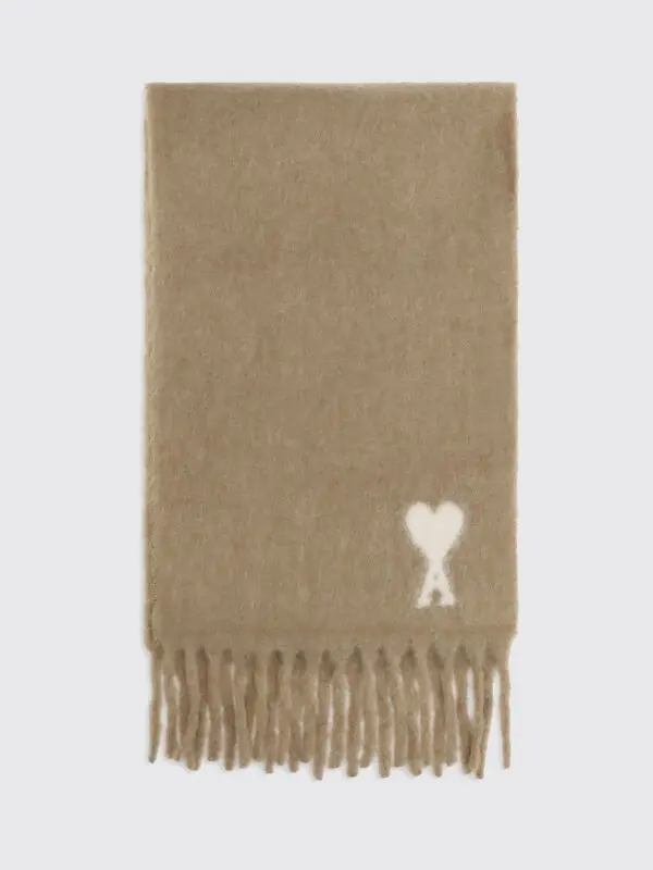 AMI Paris Alpaca Wool Scarf With Printed Logo And Fringed Edges - Beige