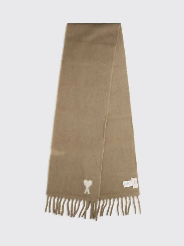 AMI Paris Alpaca Wool Scarf With Printed Logo And Fringed Edges - Beige