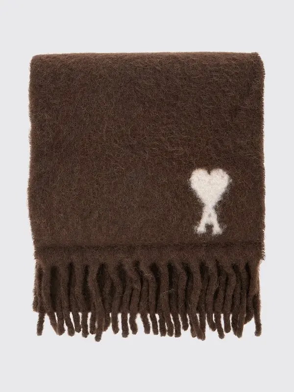 AMI Paris Alpaca Wool Scarf With Printed Logo And Fringed Edges - Brown