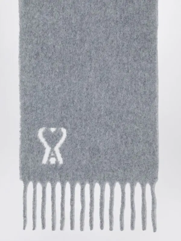 AMI Paris Alpaca Wool Scarf With Printed Logo And Fringed Edges - Grey