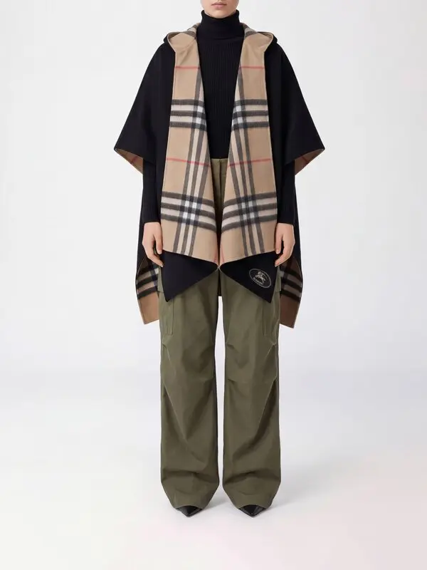 Burberry Hooded 100% Cashmere Cape With Check Pattern