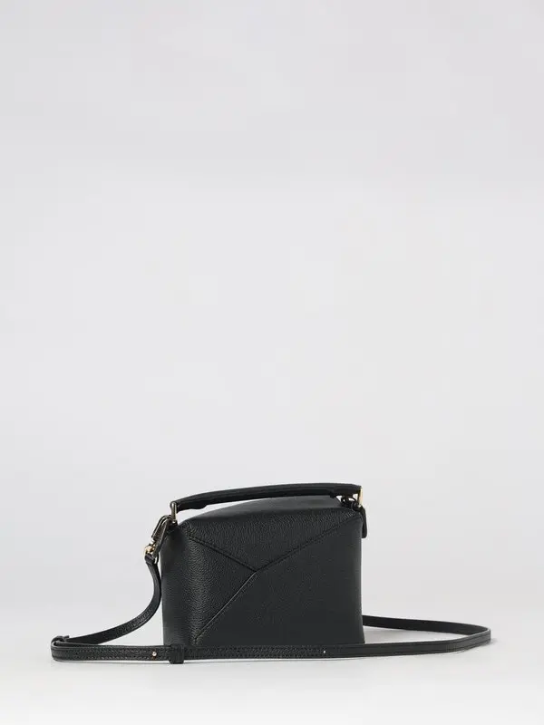 Loewe Puzzle Mini Handbag In Grained Calfskin With Shoulder Strap - Black