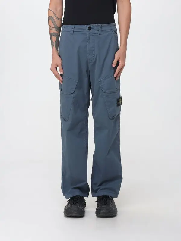 Stone Island Stretch Cotton Twill Cargo Pants With Logo Badge - Blue