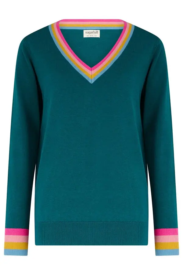 SUGARHILL BRIGHTON Doris V-neck Sweater Teal Rainbow Stripe - Blue