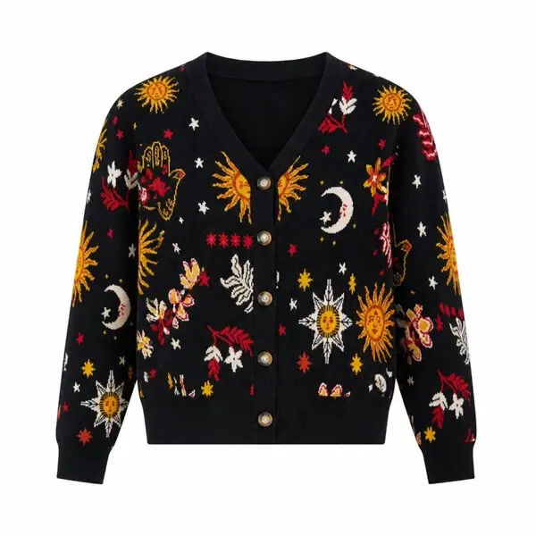 YUMI Cosmic Intarsia Cardigan - Black
