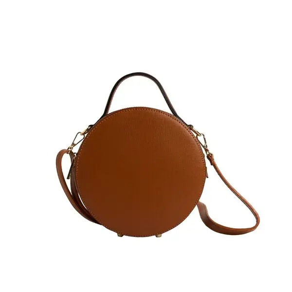 BETSY & FLOSS Rome Round Circle Crossbody Bag In Tan With Green Stripe Strap