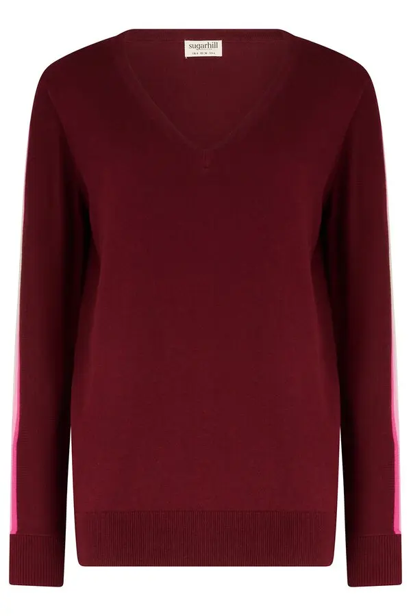 SUGARHILL BRIGHTON Doris V-neck Sweater Burgundy Stripe - Red