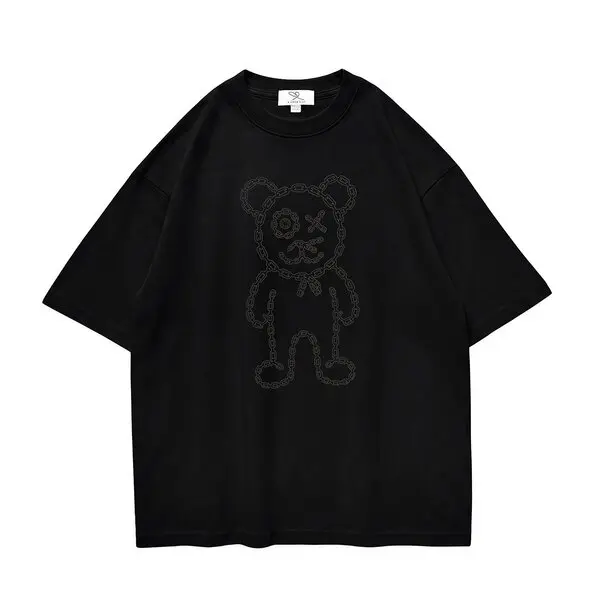 X ILONA BLUE Black / Grey Graffiti Daddy Bear Black Organic Cotton Charcoal Chain Link Embroidery Tee - Black/grey