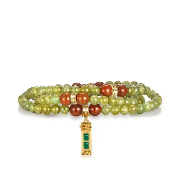 AUROZIA Five Elets Wood Vermeil Tsavorite Jade Life Tree With Flower Pendant Three Layered Crystal Bracelet & Necklace - Gold