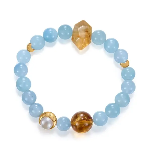 AUROZIA Solar Voice Lunar Phase& Pearl Moon Gold Vermeil Aquamarine Citrine Crystal Bracelet - Blue