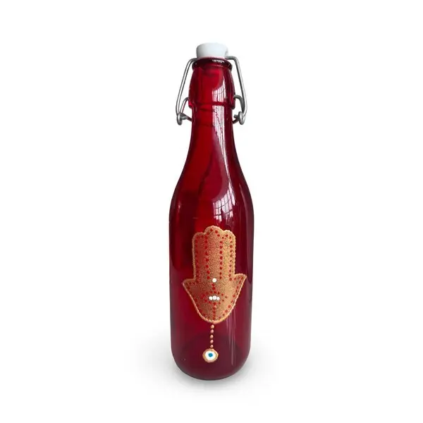 CASA DUNIYA Hand-painted Hamsa Evil Eye Artisan Swing-top Water Bottle – Crimson