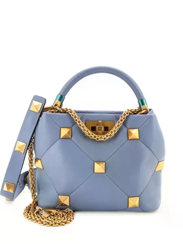 Valentino Garavani Roman Stud Top Handle Bag Quilted Leather Small Satchel - Blue