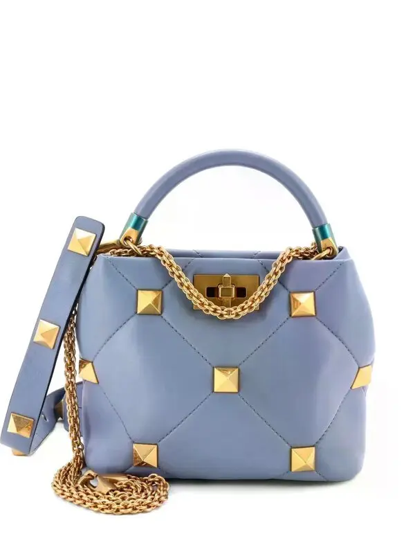Valentino Garavani Roman Stud Top Handle Bag Quilted Leather Small Satchel - Blue