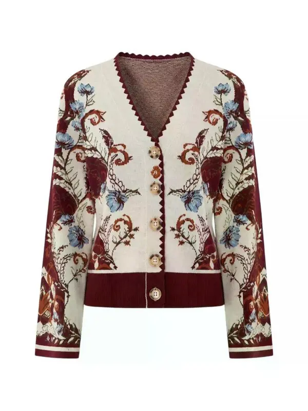 Farm Rio Floral-intarsia Scalloped Cardigan
