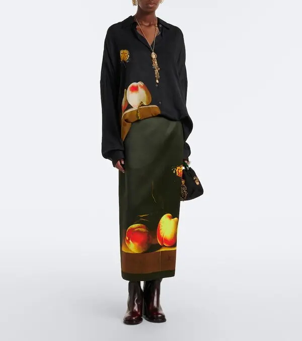 Dries Van Noten Printed Satin Midi Skirt