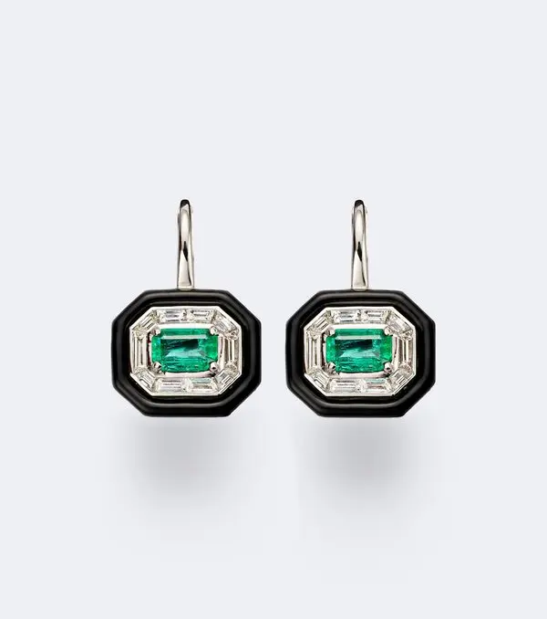 Nikos Koulis Oui 18kt White Gold And Enamel Earrings With Emerald And Diamonds - Silver