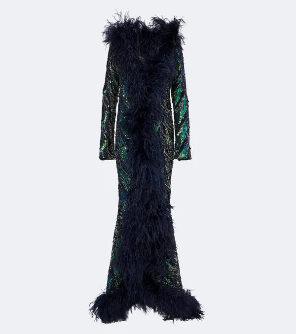 TALLER MARMO Hollywood Disco Feather-trimmed Gown