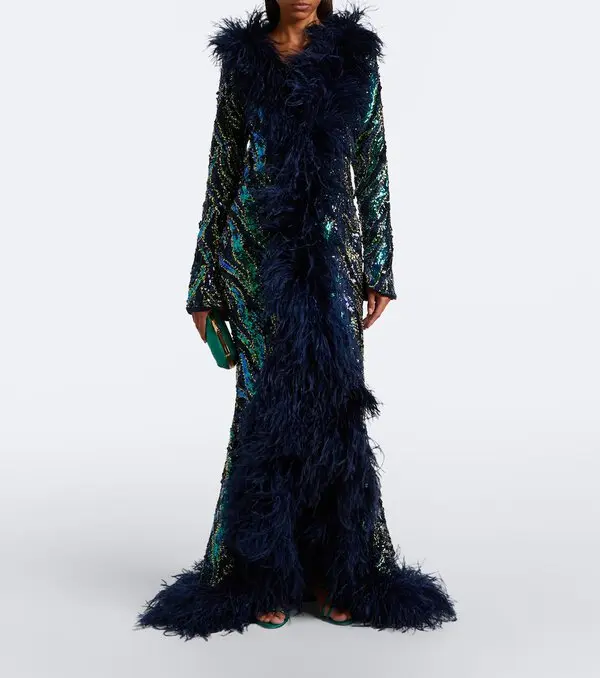 TALLER MARMO Hollywood Disco Feather-trimmed Gown