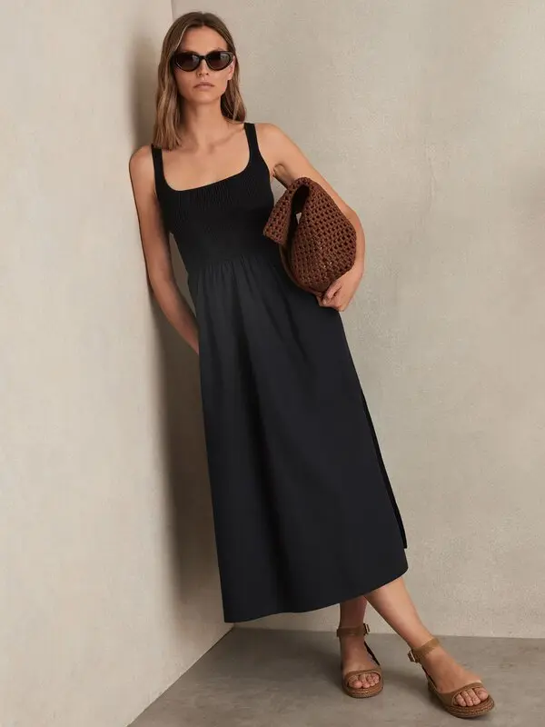 REISS Knitted Skirt Midi Dress - Navy