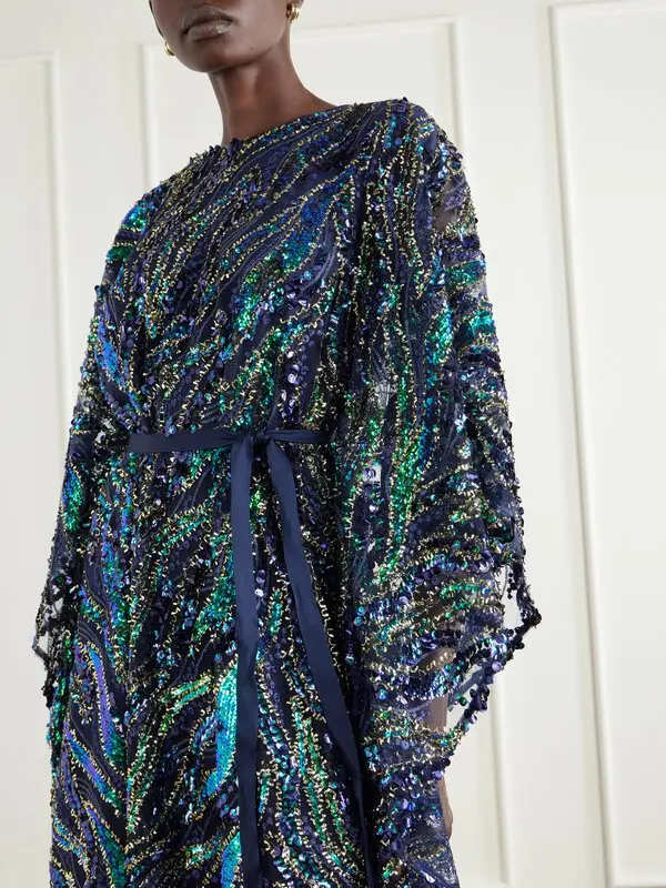 TALLER MARMO Firefly Belted Draped Sequined Tulle Gown - Multi