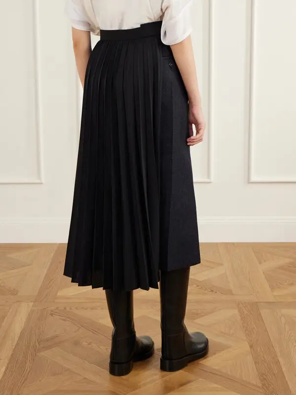 Sacai Pleated Herringbone Wool-blend Midi Skirt