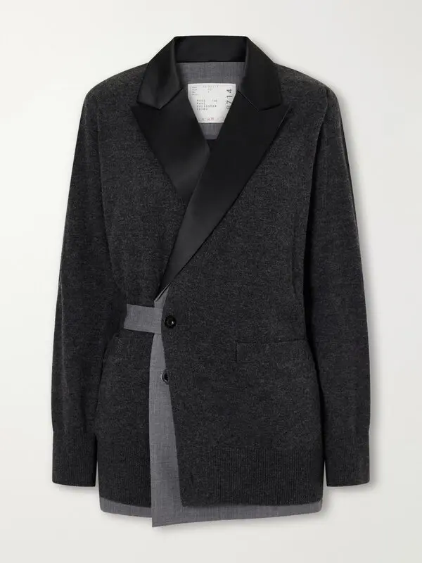 Sacai Satin-trimmed Wool Cardigan - Gray