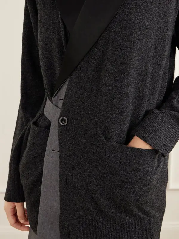 Sacai Layered Satin-trimmed Wool Cardigan
