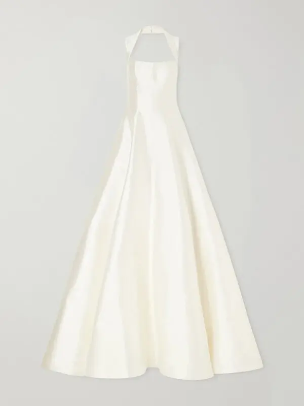 DANIELLE FRANKEL Liz Halterneck Beaded Wool And Silk-blend Twill Bustier Gown - Neutrals