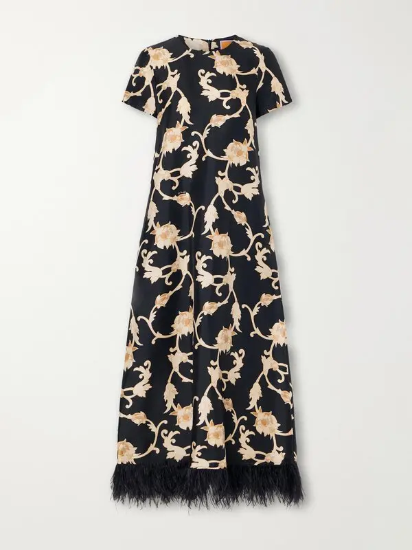 La DoubleJ Swing Floral-print Feather-trimmed Silk-satin Maxi Dress - Black