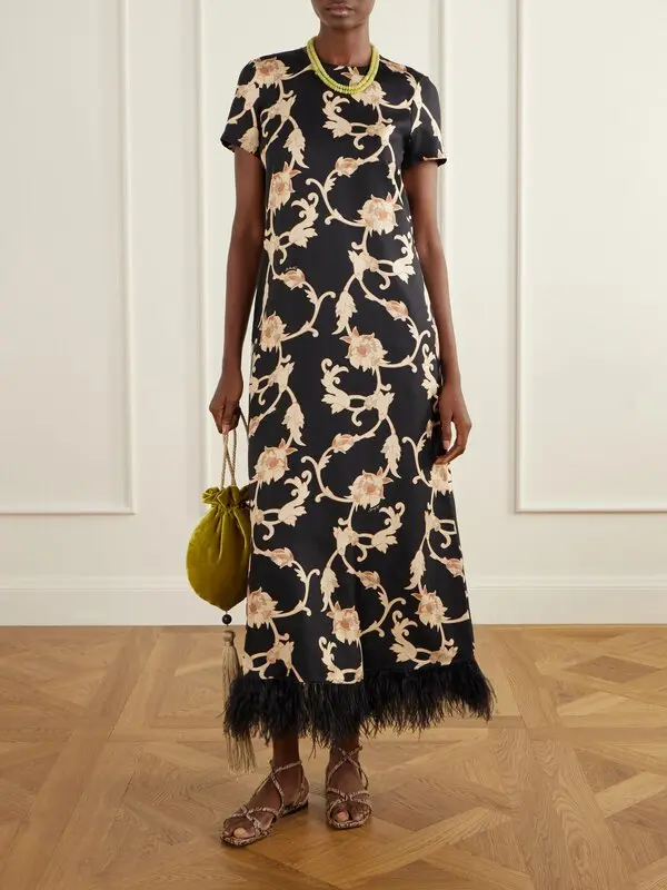 La DoubleJ Swing Floral-print Feather-trimmed Silk-satin Maxi Dress - Black