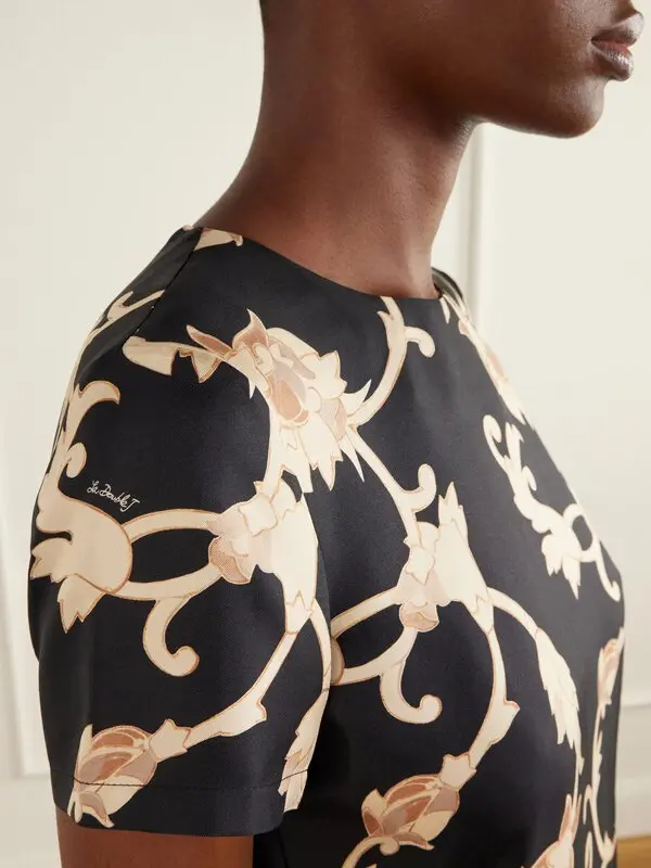 La DoubleJ Swing Floral-print Feather-trimmed Silk-satin Maxi Dress - Black