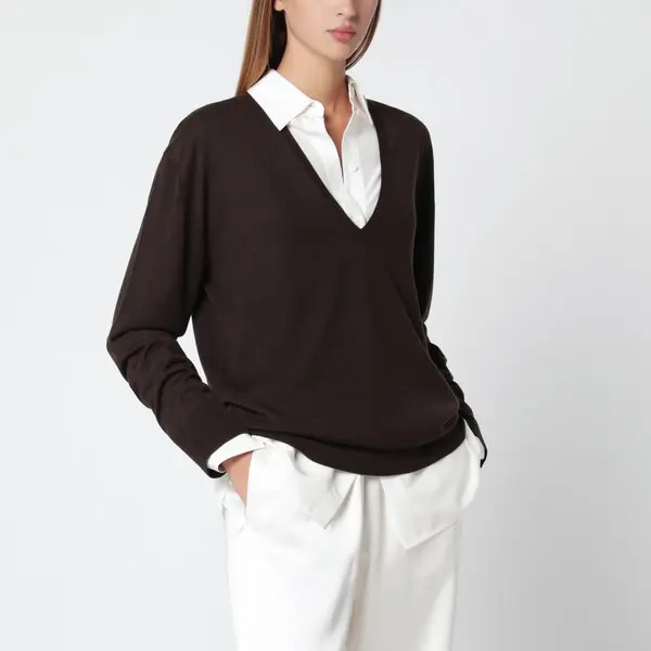 TOTEME V-neck Sweater In Lyocell And Cashmere - Brown
