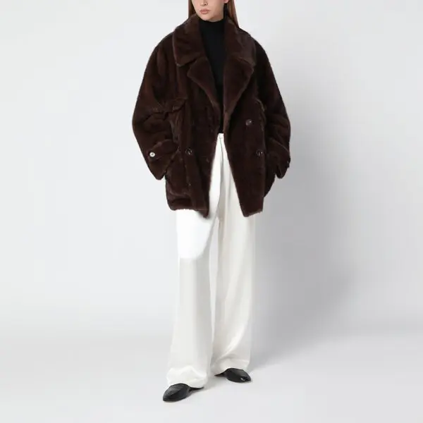 SWORD 6644 Dark Double-breasted Faux Fur Coat