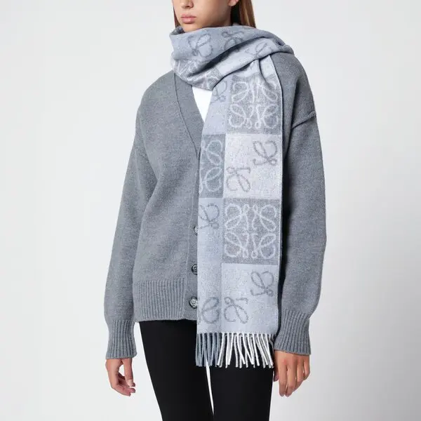 Loewe Blue/white Anagram Scarf In Wool And Cashmere