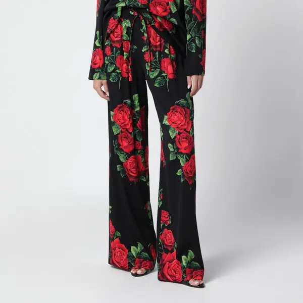 Dolce & Gabbana Silk Trousers With Floral Print - Black