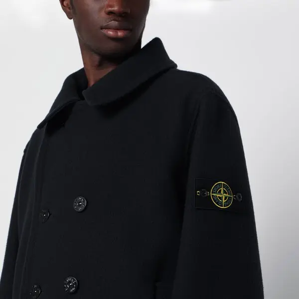 Stone Island Navy Double-breasted Coat In Wool And Cashmere