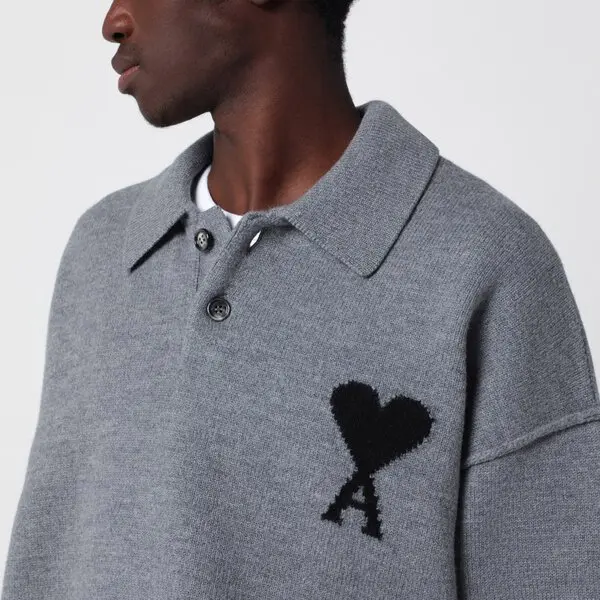 AMI Paris De Coeur Wool Polo Sweater - Grey