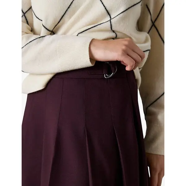 Whistles Pleated Side-belt Stretch Wool-blend Midi Skirt