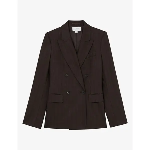 REISS Dawson Herringbone Double-breasted Stretch Wool-blend Blazer - Chocolate Brown