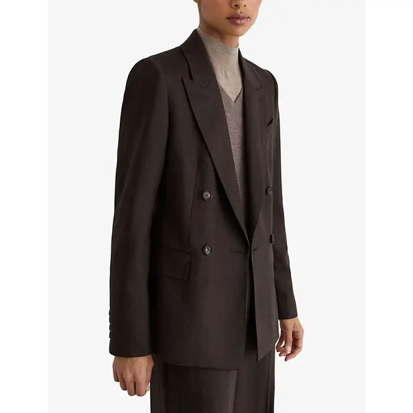 REISS Dawson Herringbone Double-breasted Stretch Wool-blend Blazer
