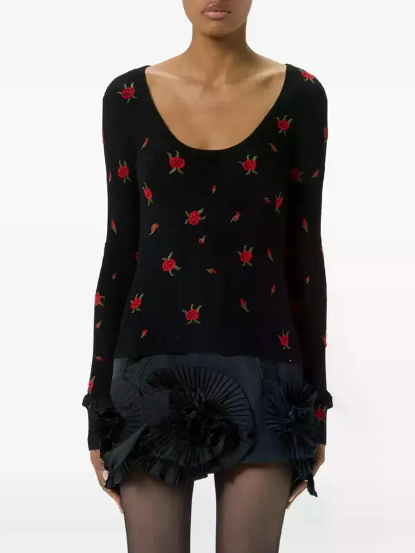 Blumarine Rose-embroidered Ribbed-knit Sweater