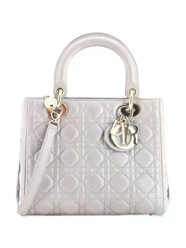 Dior Lady Bag Cannage Quilt Metallic Leather Medium Satchel - Grey