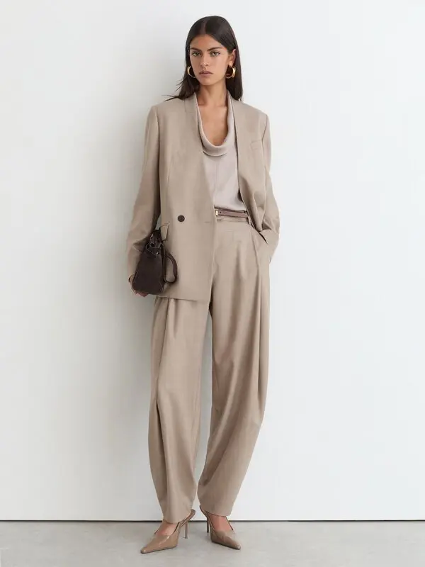 REISS Petite Collarless Double-breasted Suit Blazer Wool-blend - Neutral