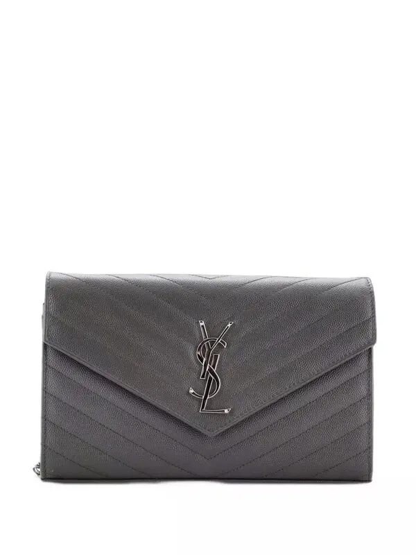 Saint Laurent Classic Monogram Wallet On Chain Matelasse Chevron Leather Medium Crossbody Bag - Grey