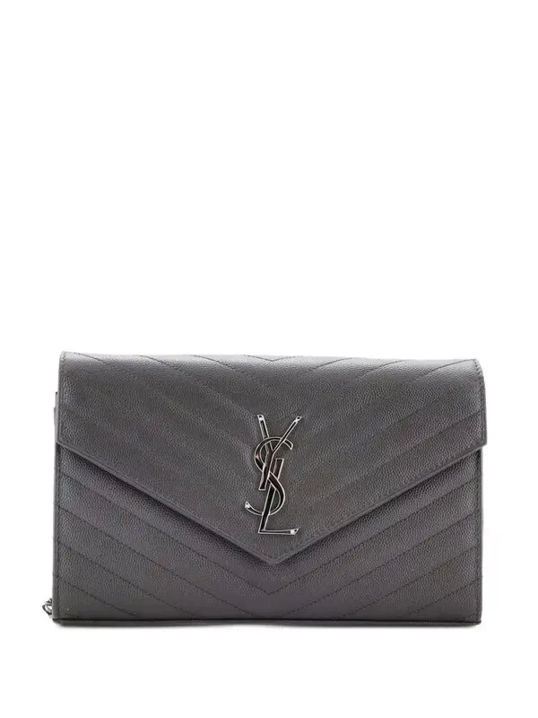 Saint Laurent Classic Monogram Wallet On Chain Matelasse Chevron Leather Medium Crossbody Bag - Grey
