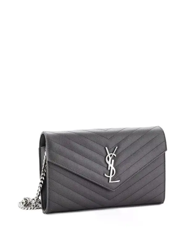 Saint Laurent Classic Monogram Wallet On Chain Matelasse Chevron Leather Medium Crossbody Bag - Grey