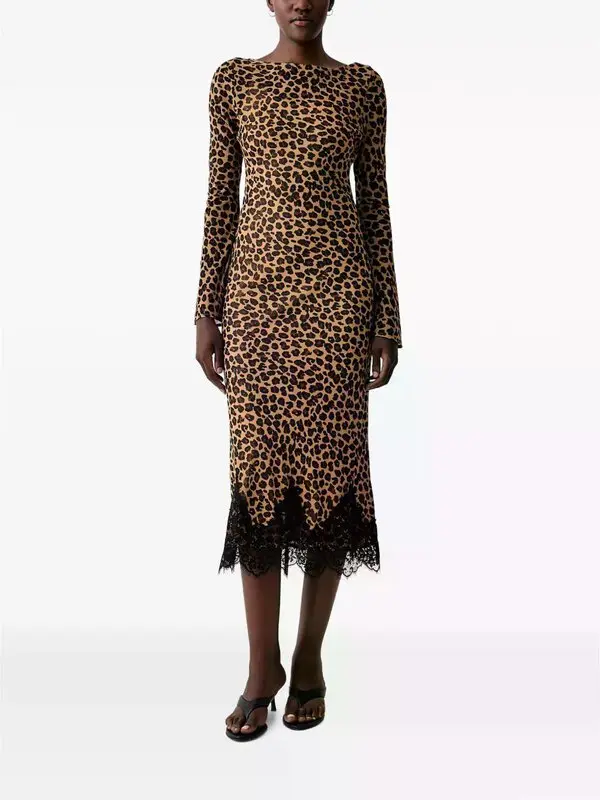 NEVER FULLY DRESSED Leopard-print Lace-trim Midi Dress - Neutrals