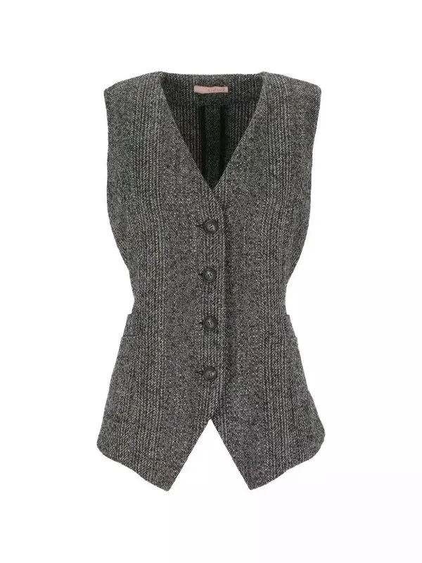 KRISTINA TI Herringbone-pattern Belted Jacket - Black